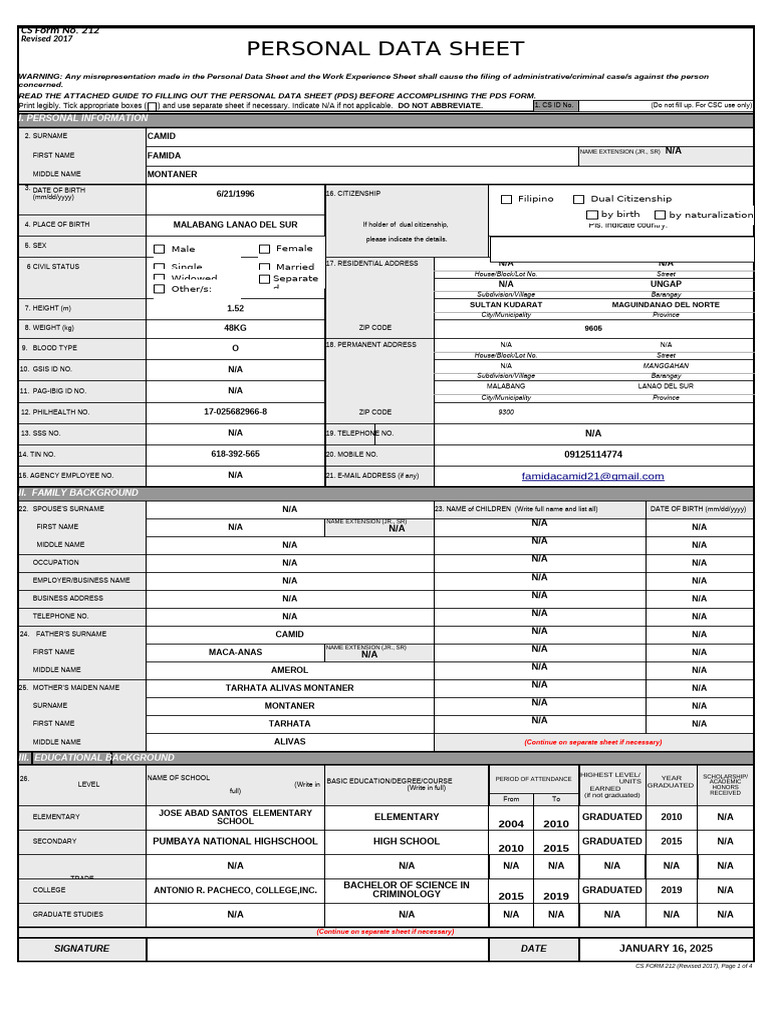 Personal Data Sheet Edit 2023 | PDF | Government | Justice