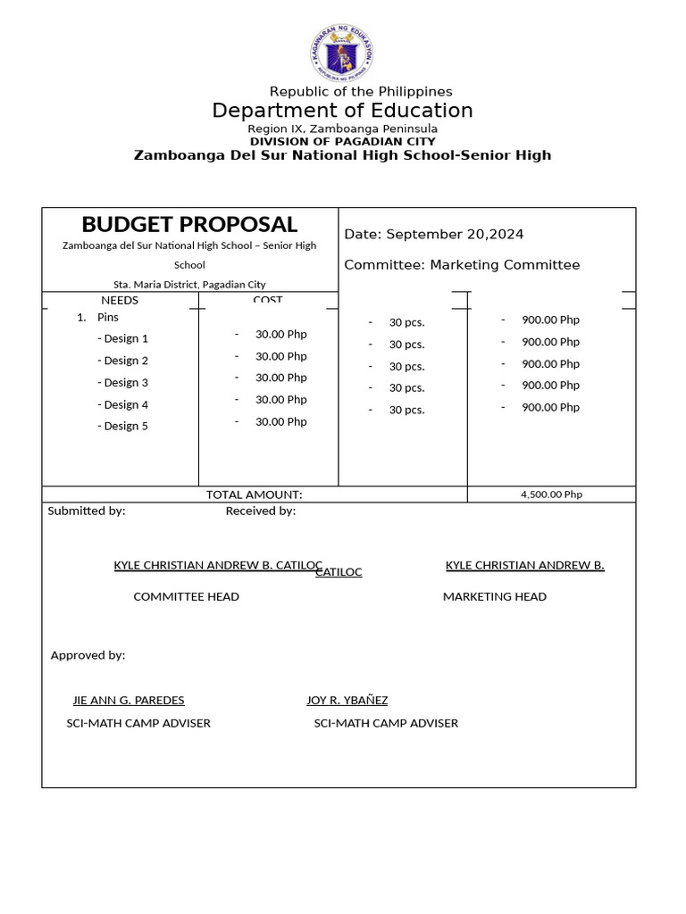 Budget Proposal. Kit Sci Math Campdocx | PDF