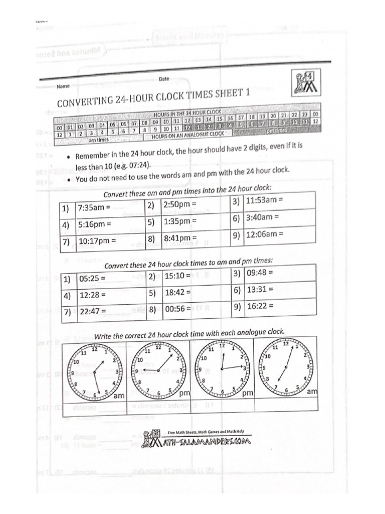 CONVERTING 24-HOUR CLOCK TIMES SHEET | PDF