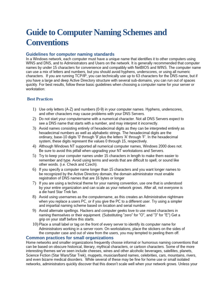 Computer Naming Conventions Guide | PDF | Domain Name System | Windows 2000