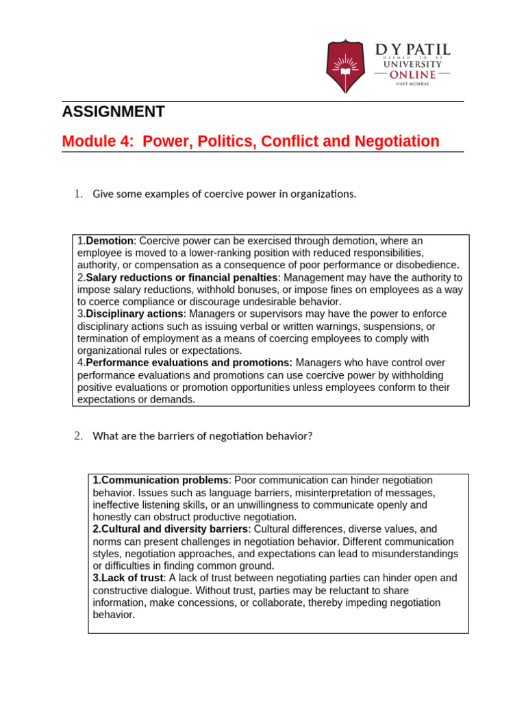 Unit 4 (Assign) Power, Politics, Conflict and Negotiation | PDF | Negotiation | Power (Social ...