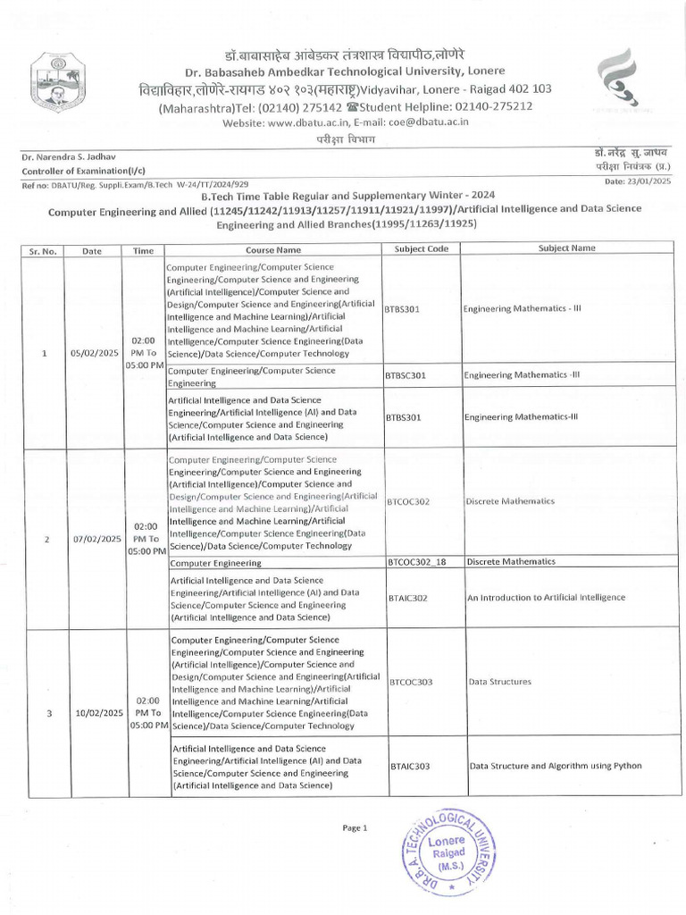 Dbatu Exam Time Table 2025 | PDF
