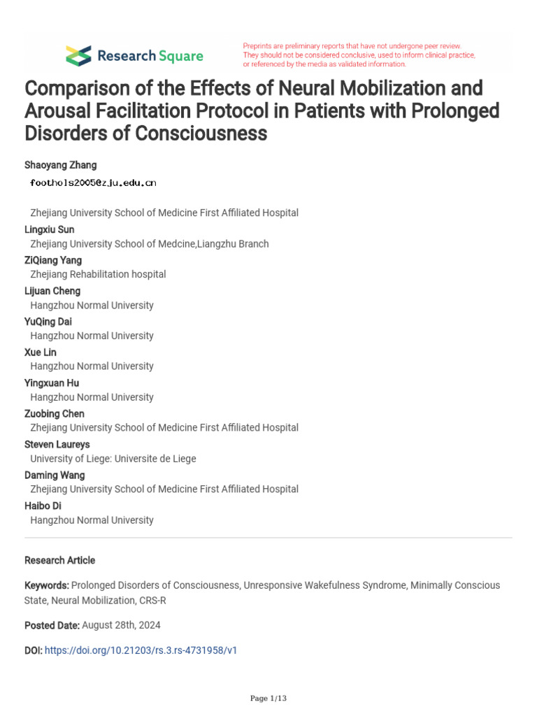 Neural Mobilization vs. Arousal Protocol in DoC | PDF | Consciousness ...