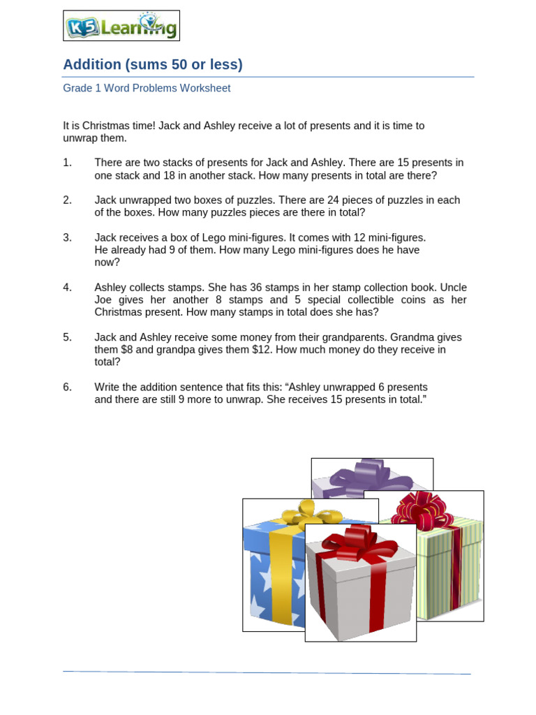Grade 1 Addition Word Problems 50 A | PDF