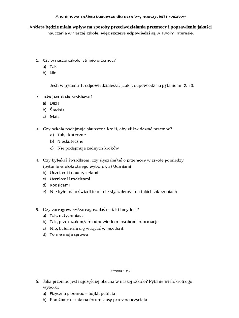 Ankieta Przemoc | PDF
