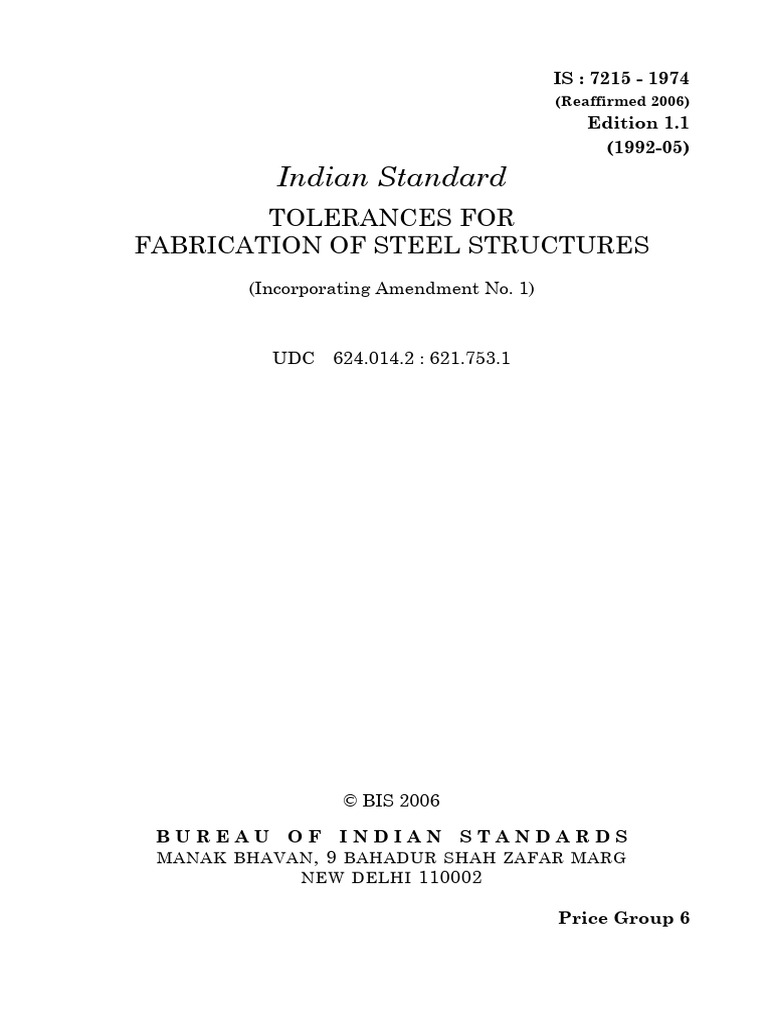 Indian Standard: Tolerances For Fabrication of Steel Structures | PDF ...