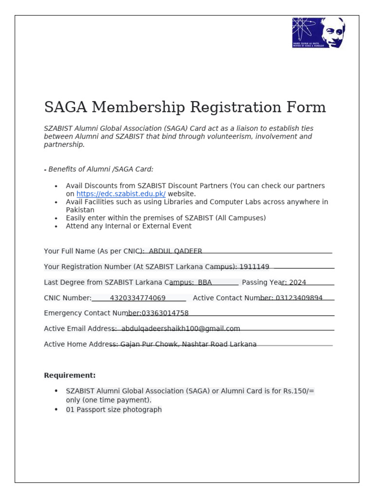 SAGA Membership Registration Form | PDF