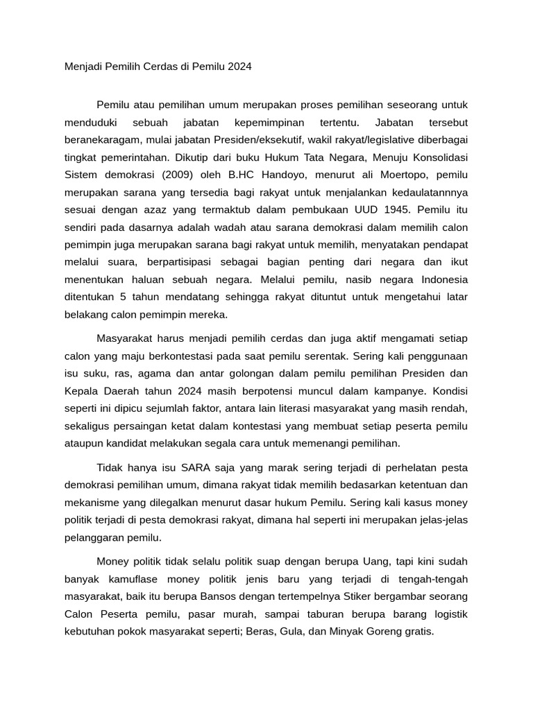 Artikel Menjadi Pemilih Cerdas Di Pemilu 2024 | PDF