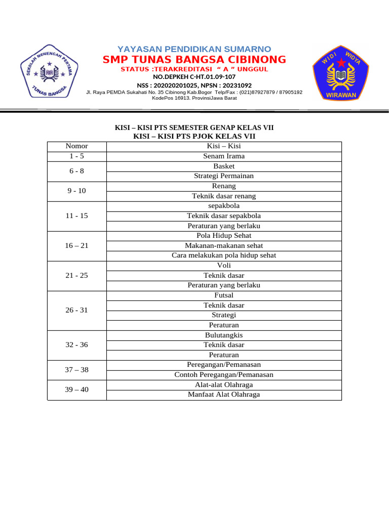 KISI2 PTS SMT 2 PJOK KLS 7 BAHDER | PDF