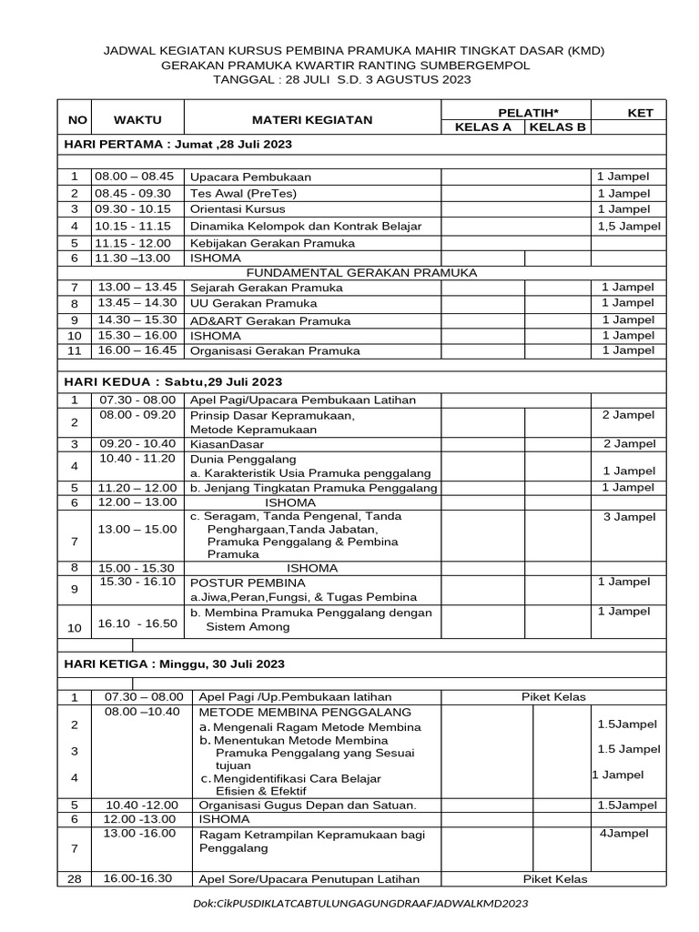 Jadwal KMD Pramuka Sumbergempol 2023 | PDF