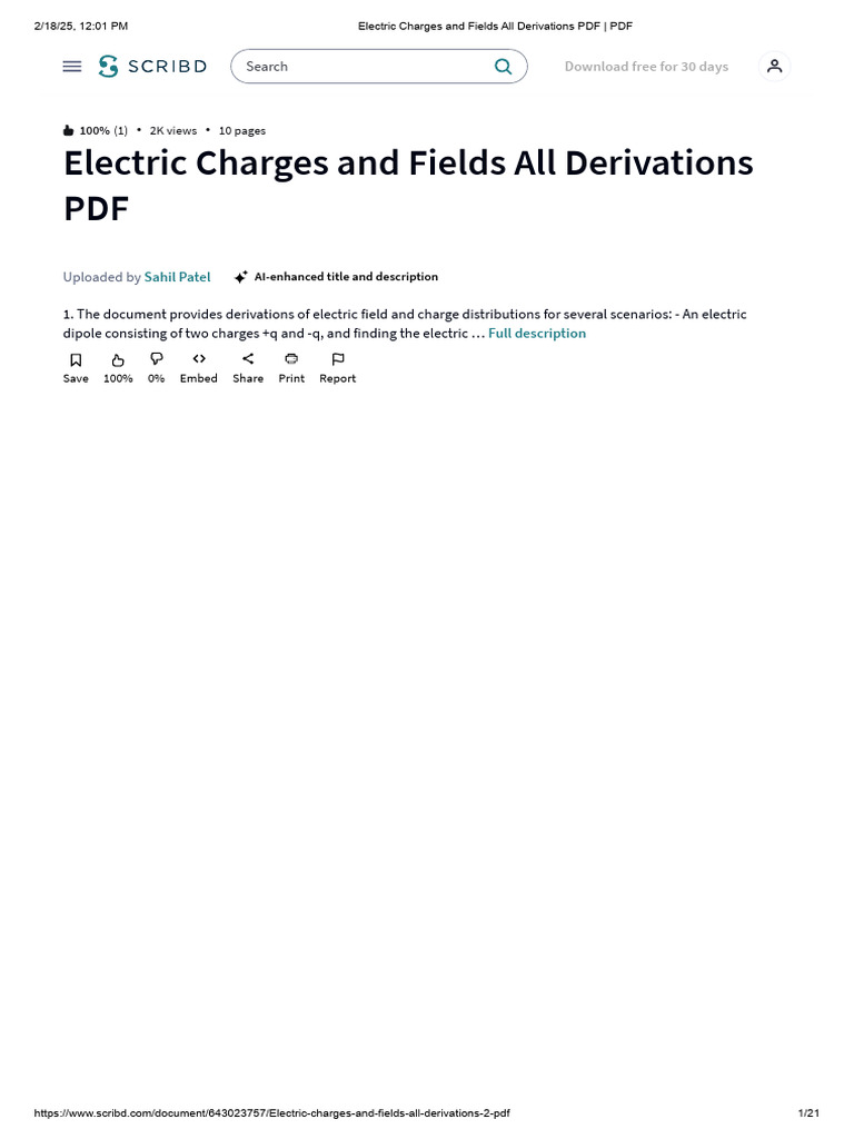 Electric Charges and Fields All Derivations PDF - PDF | PDF | Scribd ...