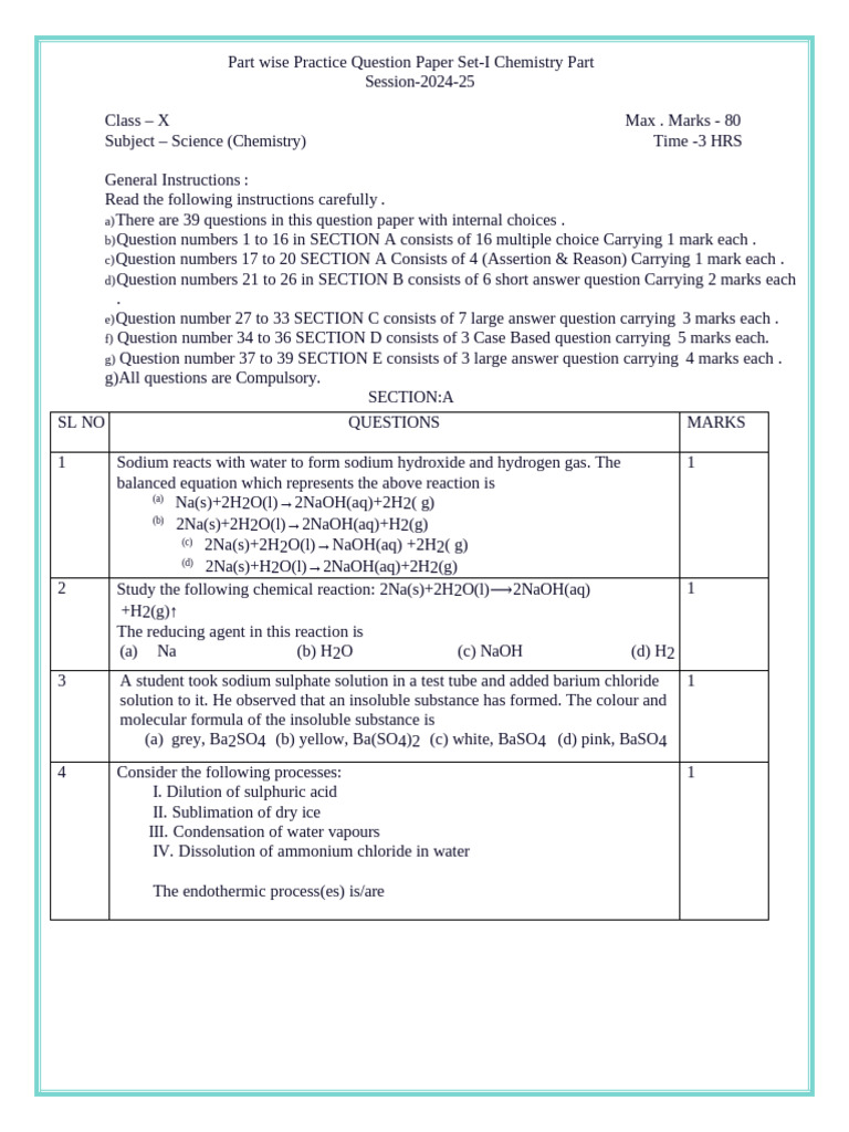 Chemistry Practice Question Paper | PDF | Magnesium | Chemical Compounds