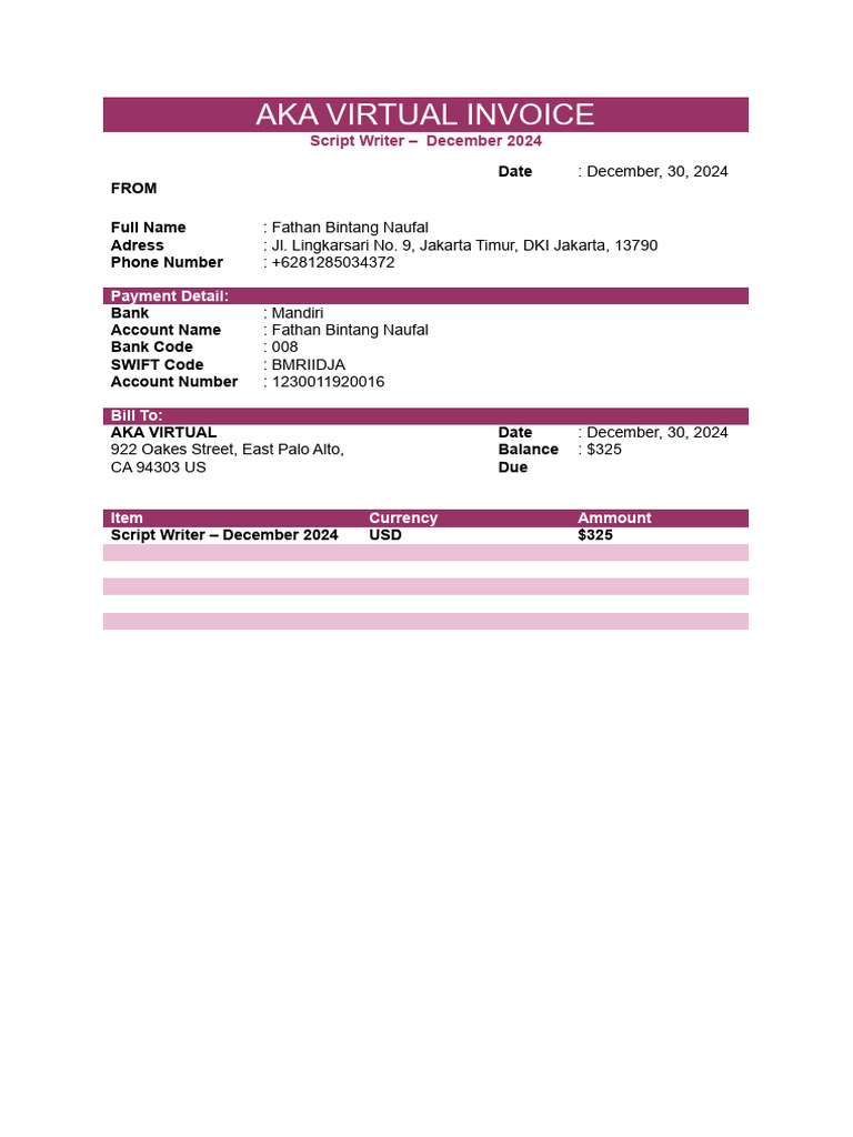 Script Writer Invoice Fathan AKA VIRTUAL December | PDF