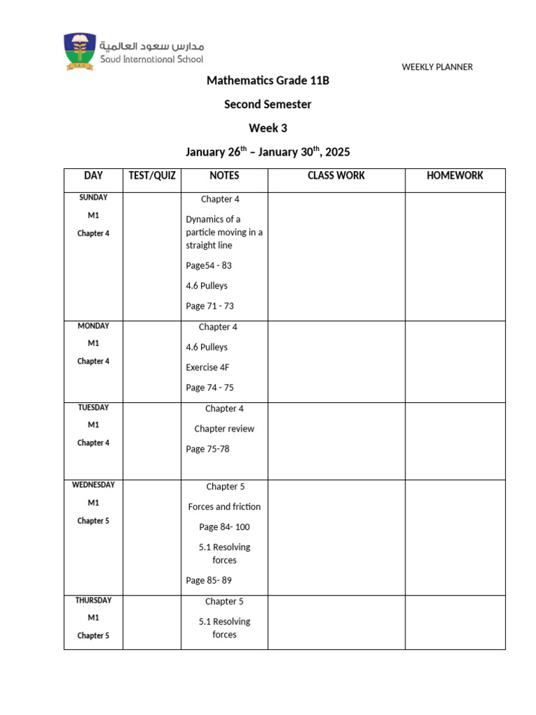 Grade 11B Math Weekly Planner | PDF