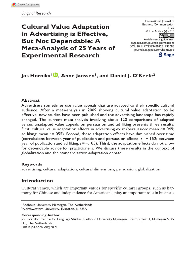 Hornikx Et Al 2023 Cultural Value Adaptation in Advertising Is Effective But Not Dependable A ...