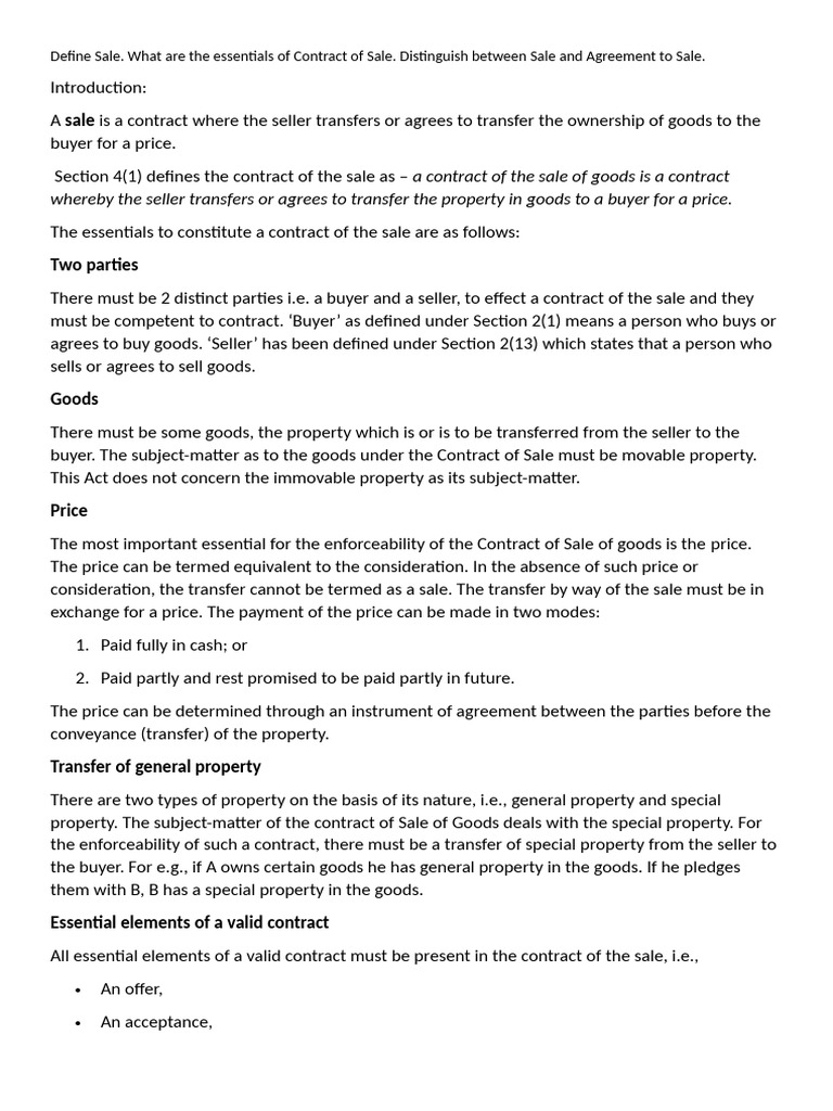 Define Sale. Distinguish Between Sale and Ag To Sale | PDF | Property ...