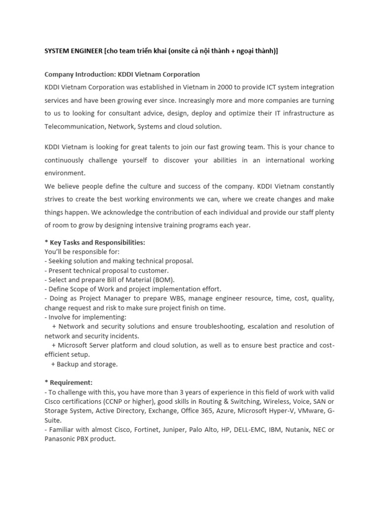 JD System Engineer KDDI Full | PDF | Computer Network | Cloud Computing