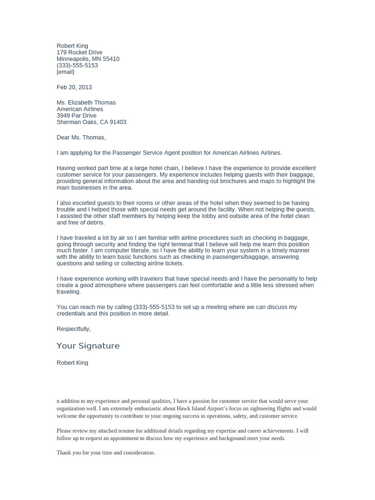 Passenger Service Agent Cover Letters | PDF | Airlines | Aviation