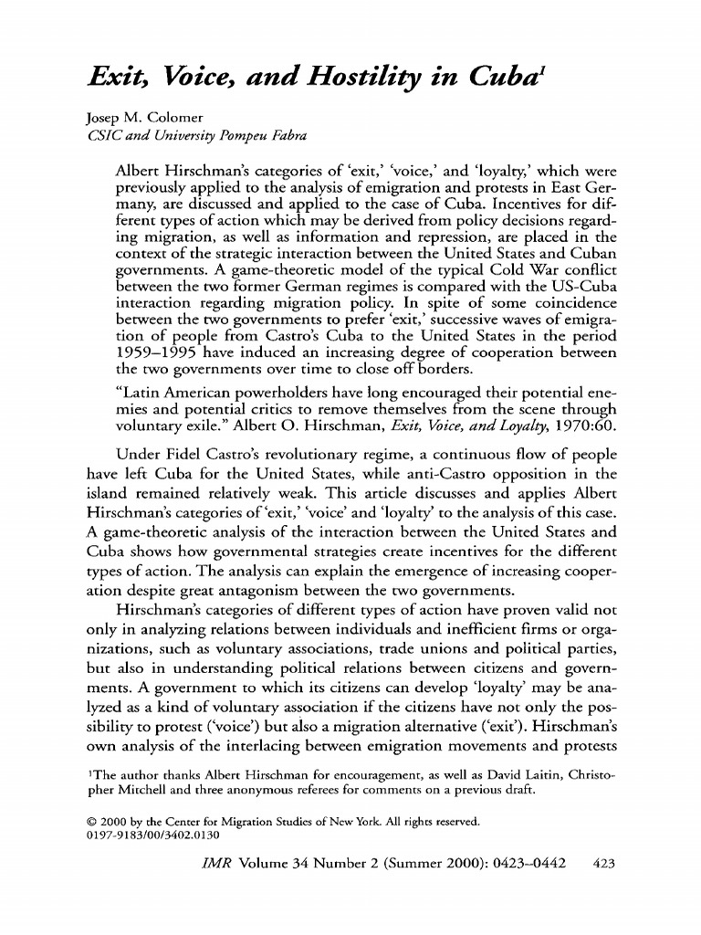 Cuban Emigration: Exit, Voice, Hostility | PDF | Cuba | Fidel Castro