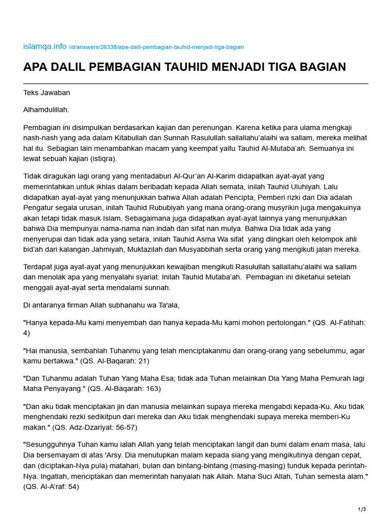 Islamqa - info-APA DALIL PEMBAGIAN TAUHID MENJADI TIGA BAGIAN | PDF
