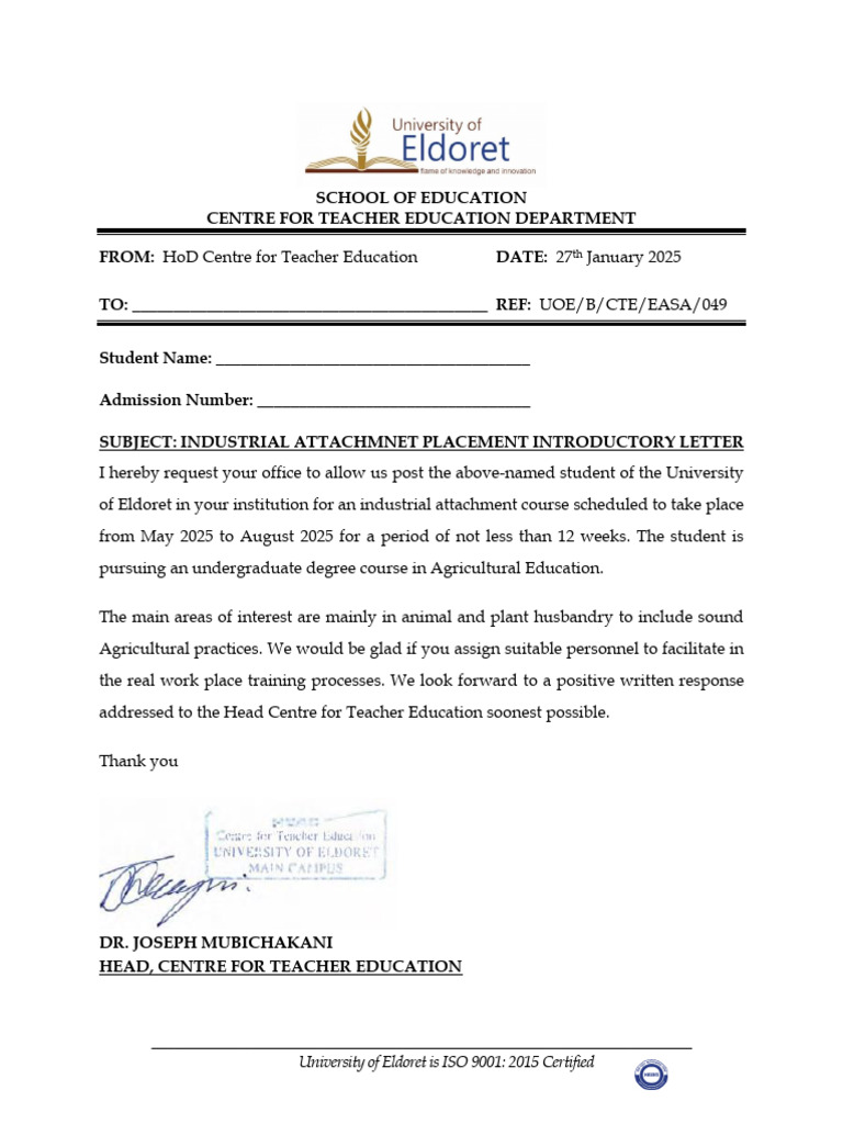 Industrial Attachment Request Letter | PDF