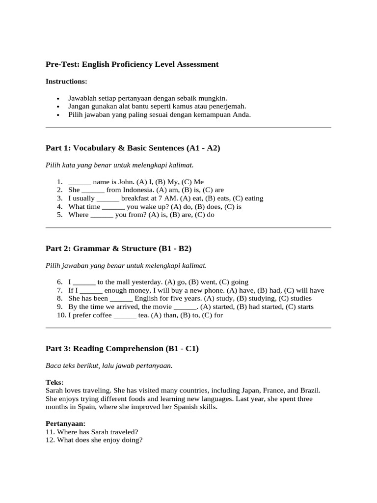 Pre-Test English Proficiency Level Assessment | PDF | Psycholinguistics ...