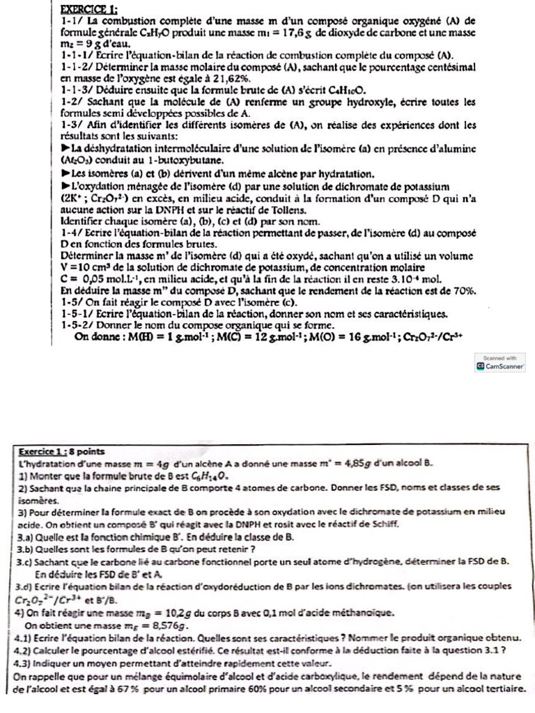 Exercices Sur Les Alcools TS2 | PDF