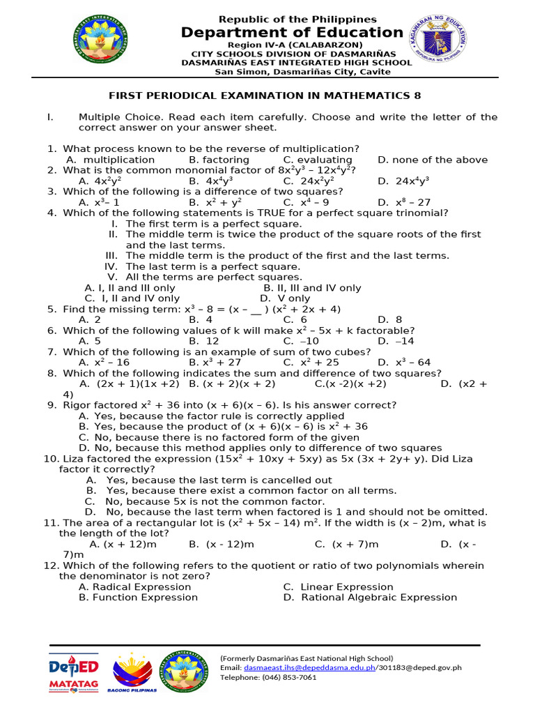 First Quarter Examination | PDF | Factorization | Cartesian Coordinate ...