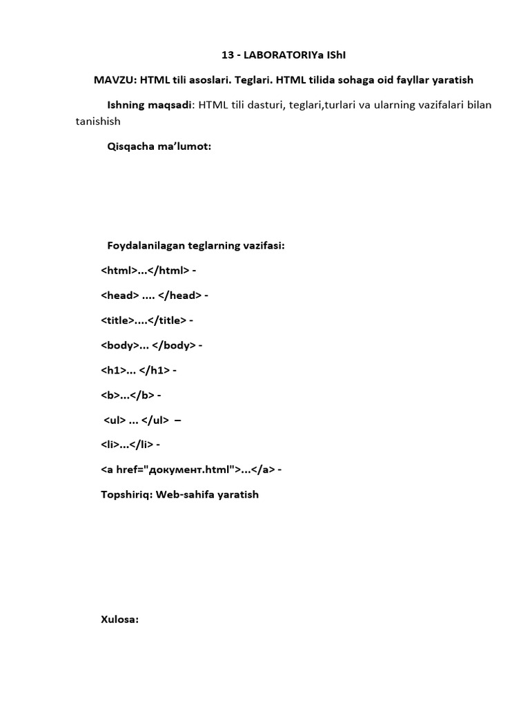 HTML Tili Dasturi, Teglari, Turlari Va Ularning Vazifalari Bilan Tanishish | PDF