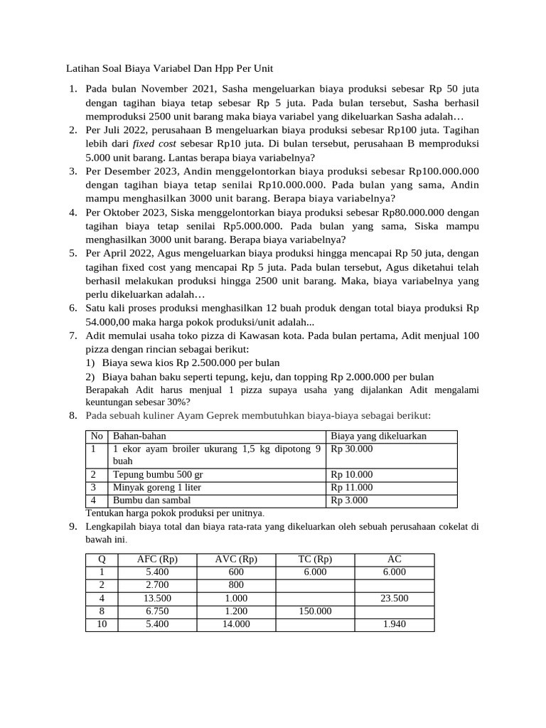 Latihan Soal Biaya Variabel Dan HPP Per Unit | PDF
