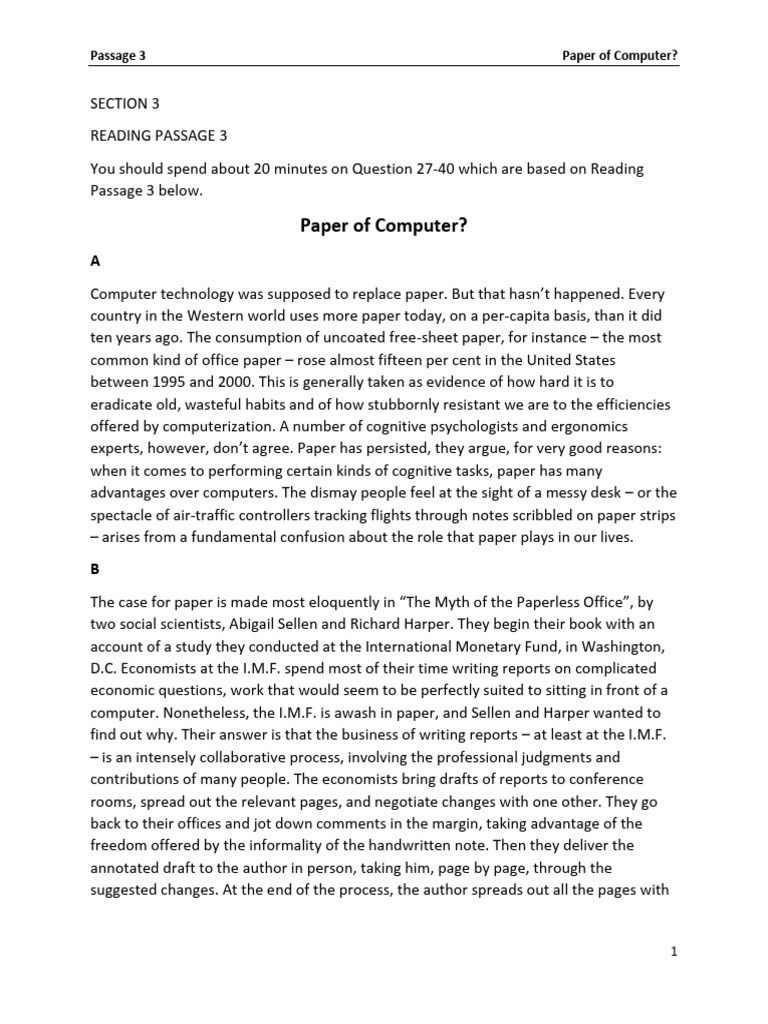 18 Passage 3 - Paper of Computer Q27-40 | PDF | Desk | Cognition