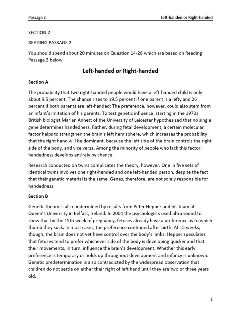 20 Passage 2 - Left-Handed or Right-Handed Q14-26 | PDF | Handedness ...