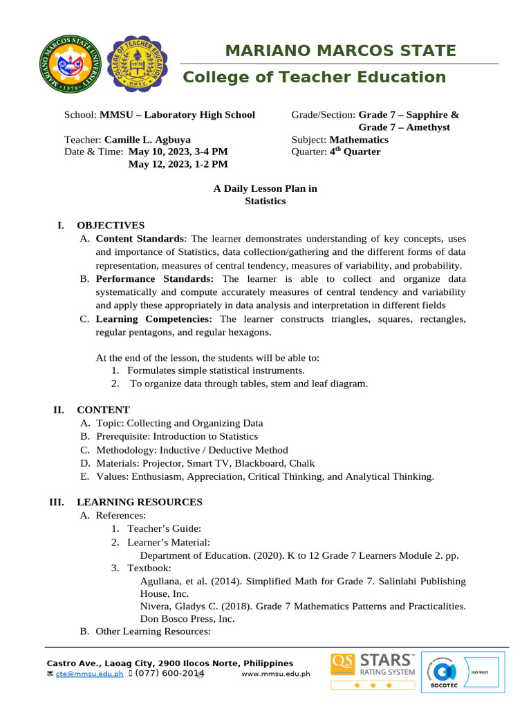 Daily Lesson Plan: Statistics & Data | PDF | Statistics | Mathematics