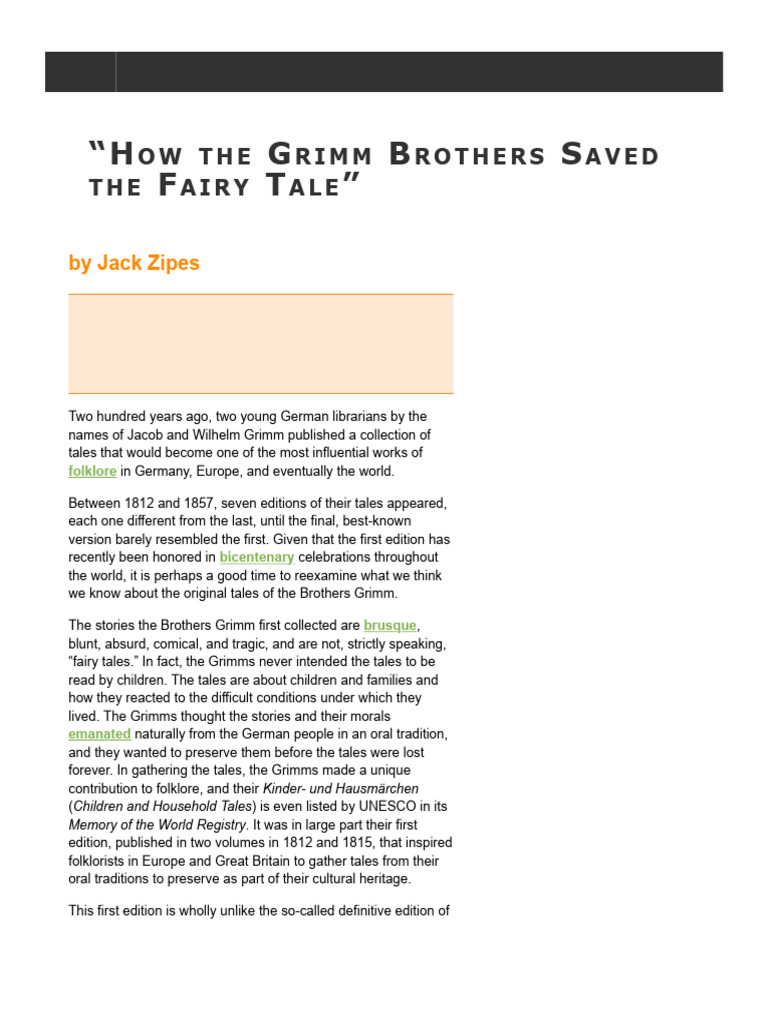 How The Grimm Brothers Saved The Fairy Tale | PDF | Brothers Grimm ...