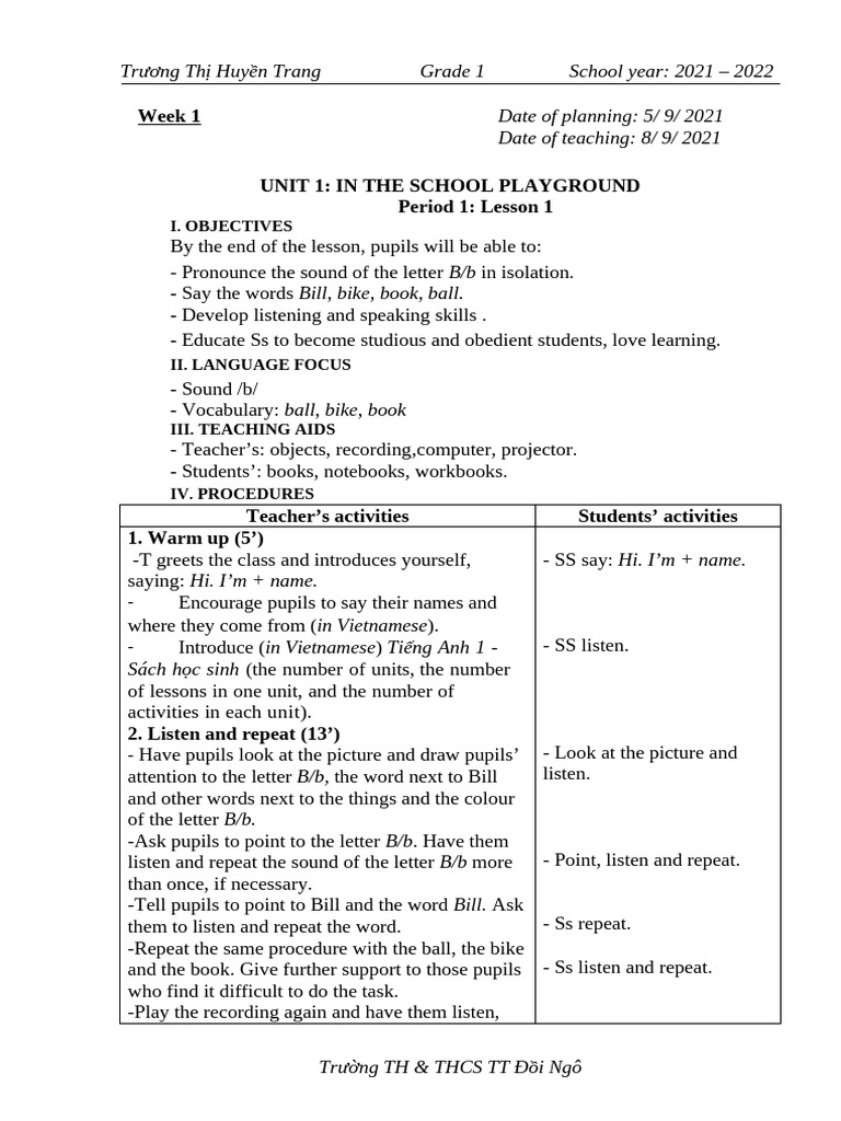 Grade 1 English Lesson Plan: Unit 1 | PDF | English Language | Teachers