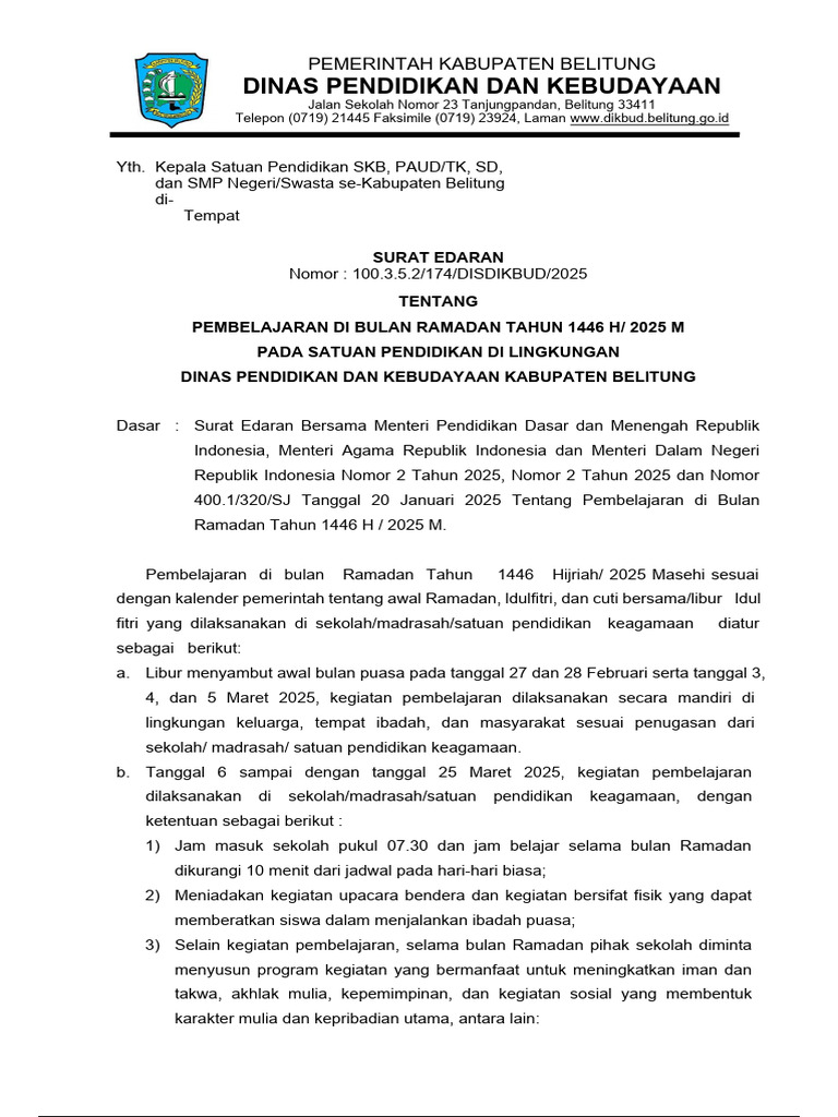 Surat Edaran Pembelajaran di Bulan Ramadhan Tahun 1446 H - 2025 M_Disdikbud_2025 | PDF