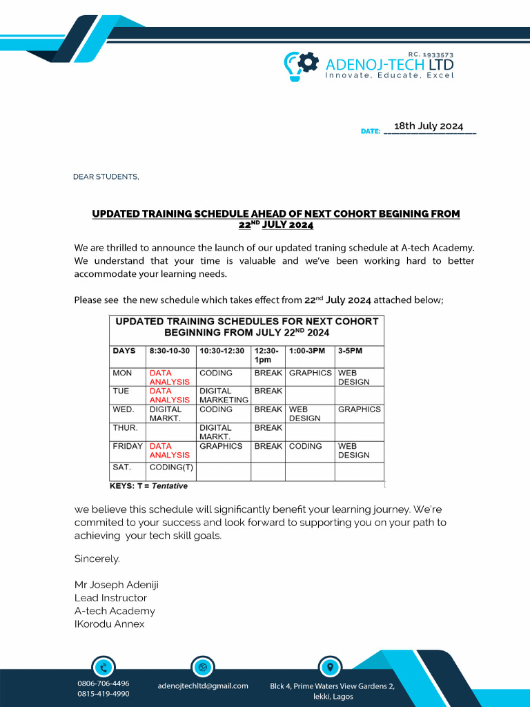 Updated Training Schedule | PDF