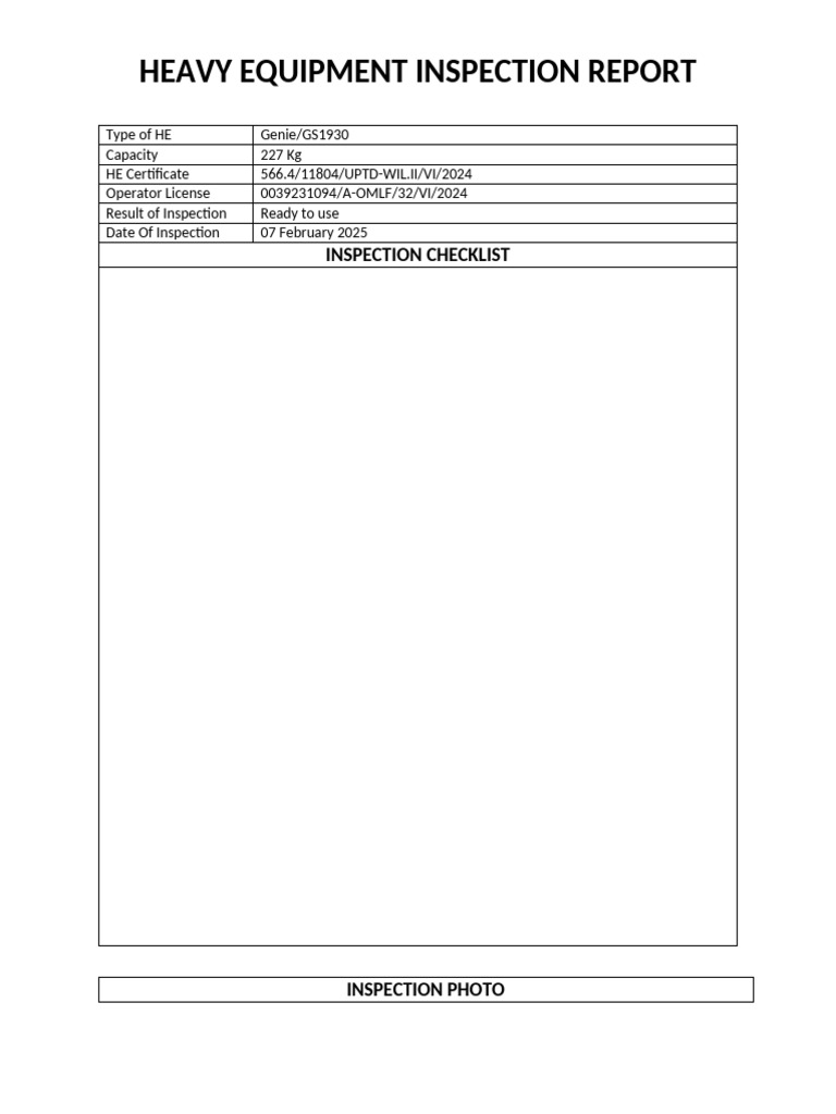 Heavy Equipment Inspection Report 2025 | PDF