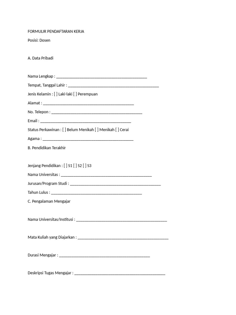 FORMULIR PENDAFTARAN KERJA dosendocx | PDF