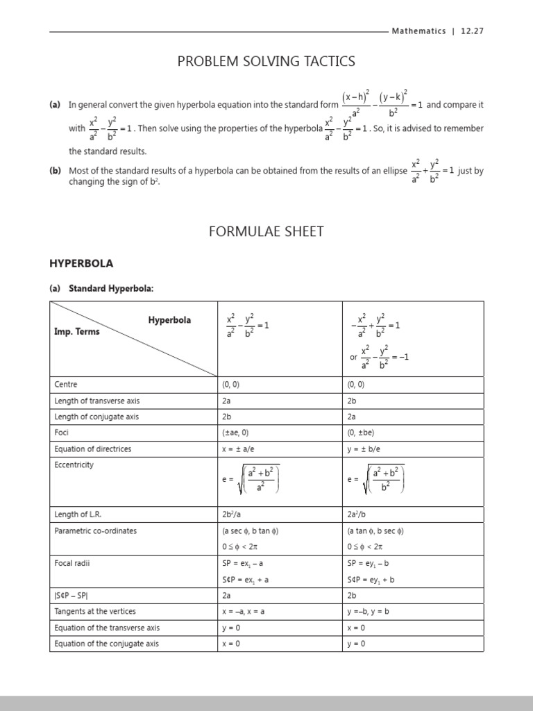 11.hyperbolaproblem Solving Tacticsformulae Sheet | PDF | Differential Geometry | Euclidean ...