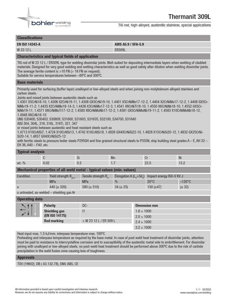 Thermanit 309L TIG Rod Specifications | PDF | Stainless Steel | Steel