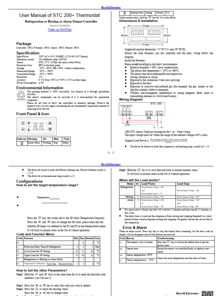 User Manual of STC 200 Thermostat 2021 Version From Haswill Electronics | PDF | Thermostat ...