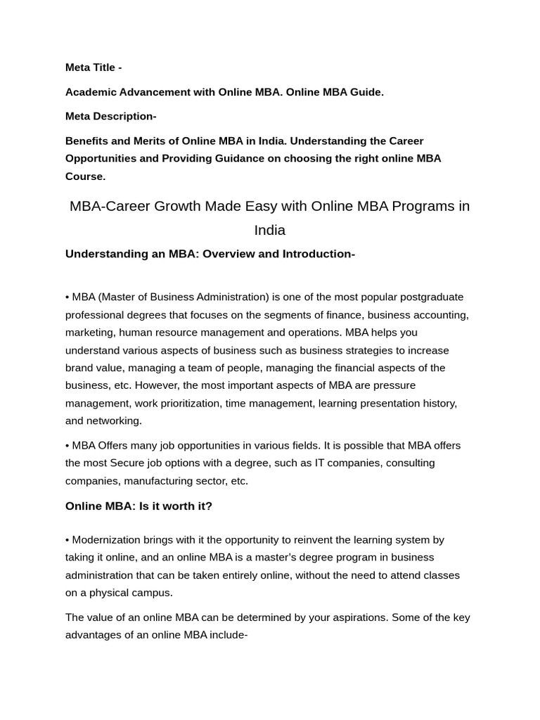 MBA-Career Growth Made Easy With Online MBA Programs in India | PDF ...