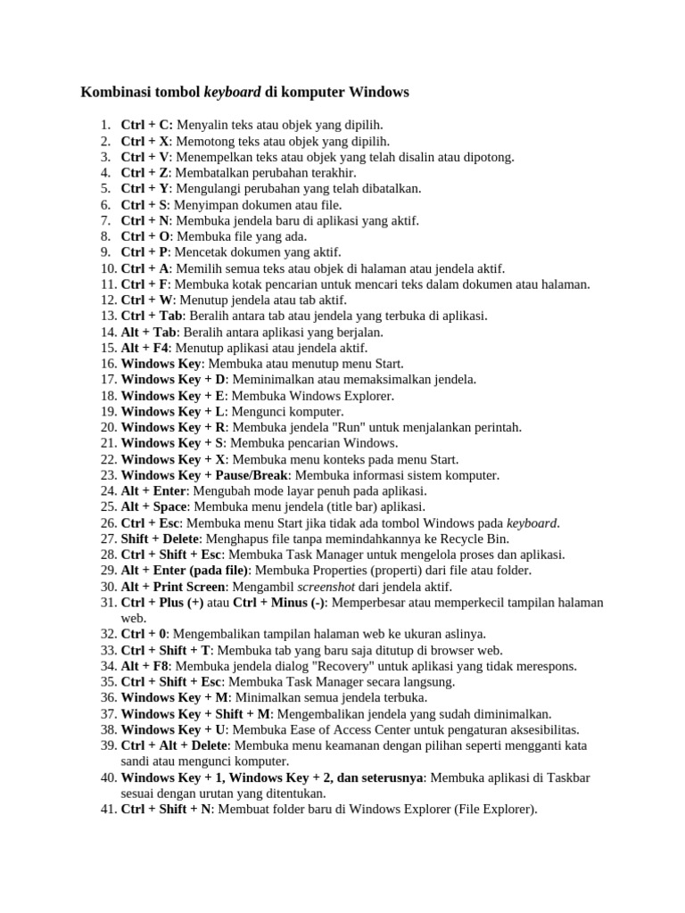Kombinasi Tombol Keyboard Di Komputer Windows | PDF