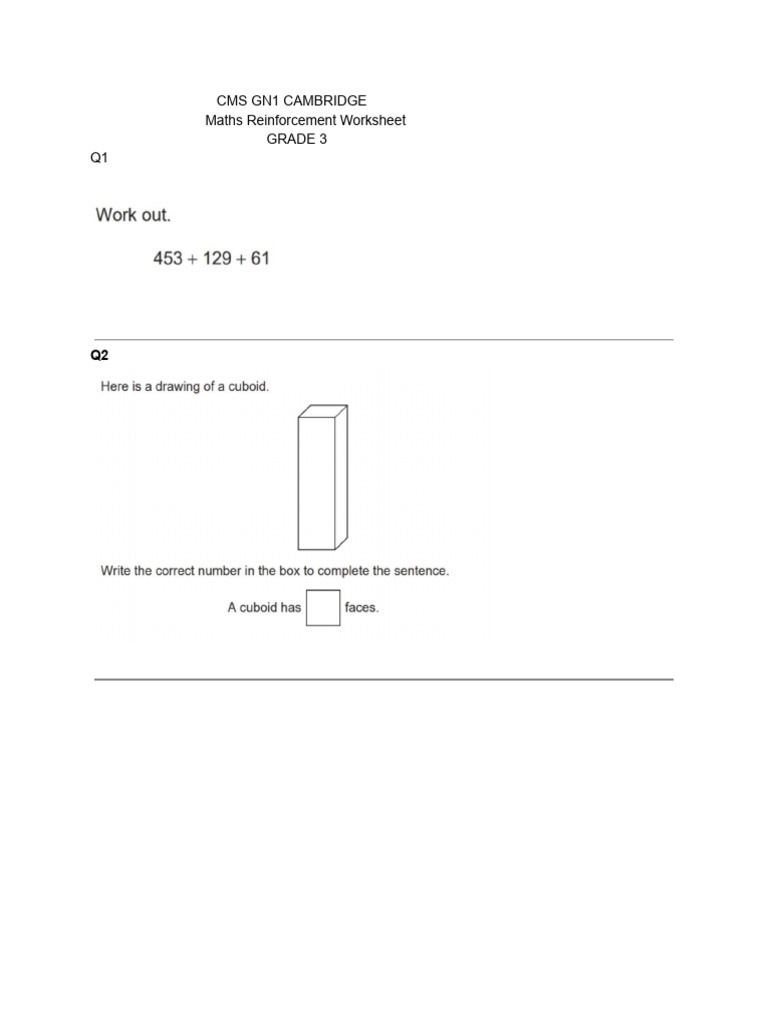 Maths Reinforcement Worksheet - GRADE 3- | PDF
