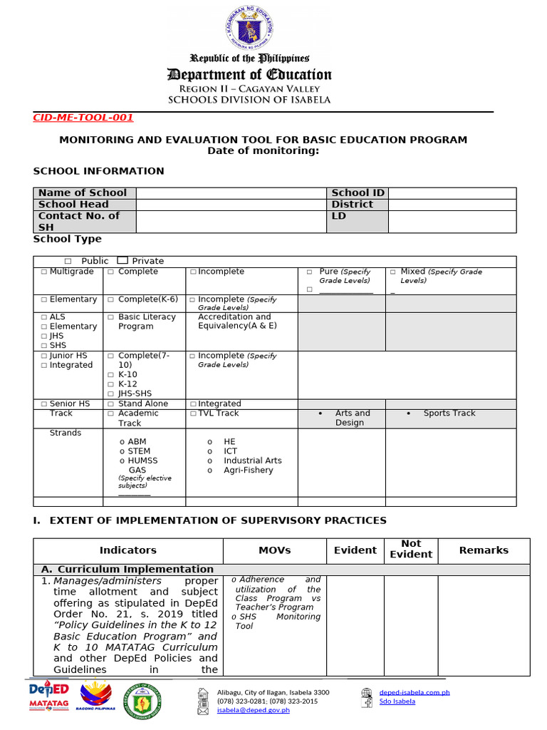 CID ISME TOOL 001 ME Tool For Basic Education Program Final | PDF ...