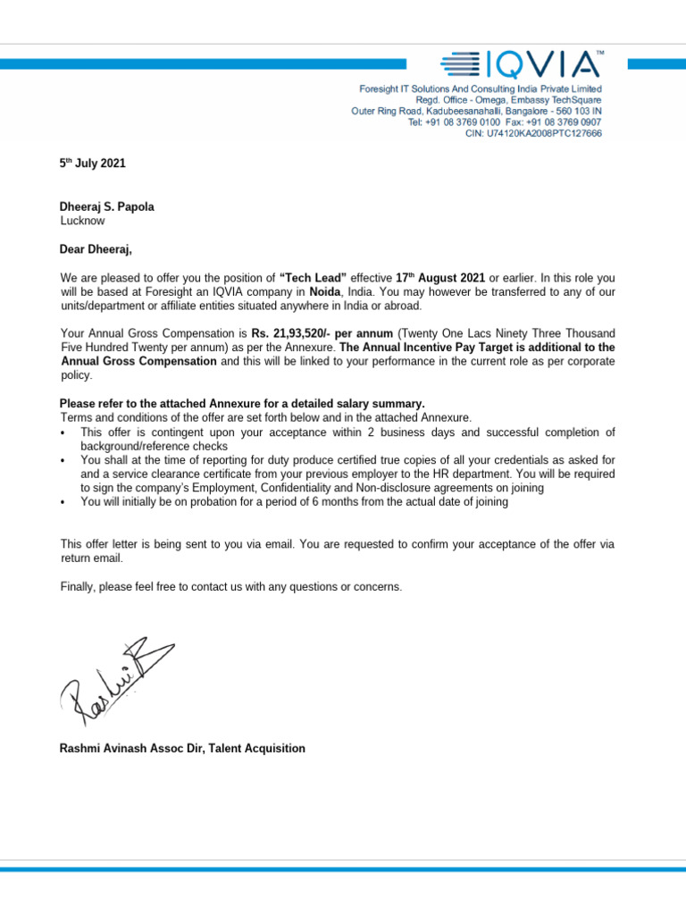Tech Lead Offer Letter - IQVIA | PDF | Employment | Incentive