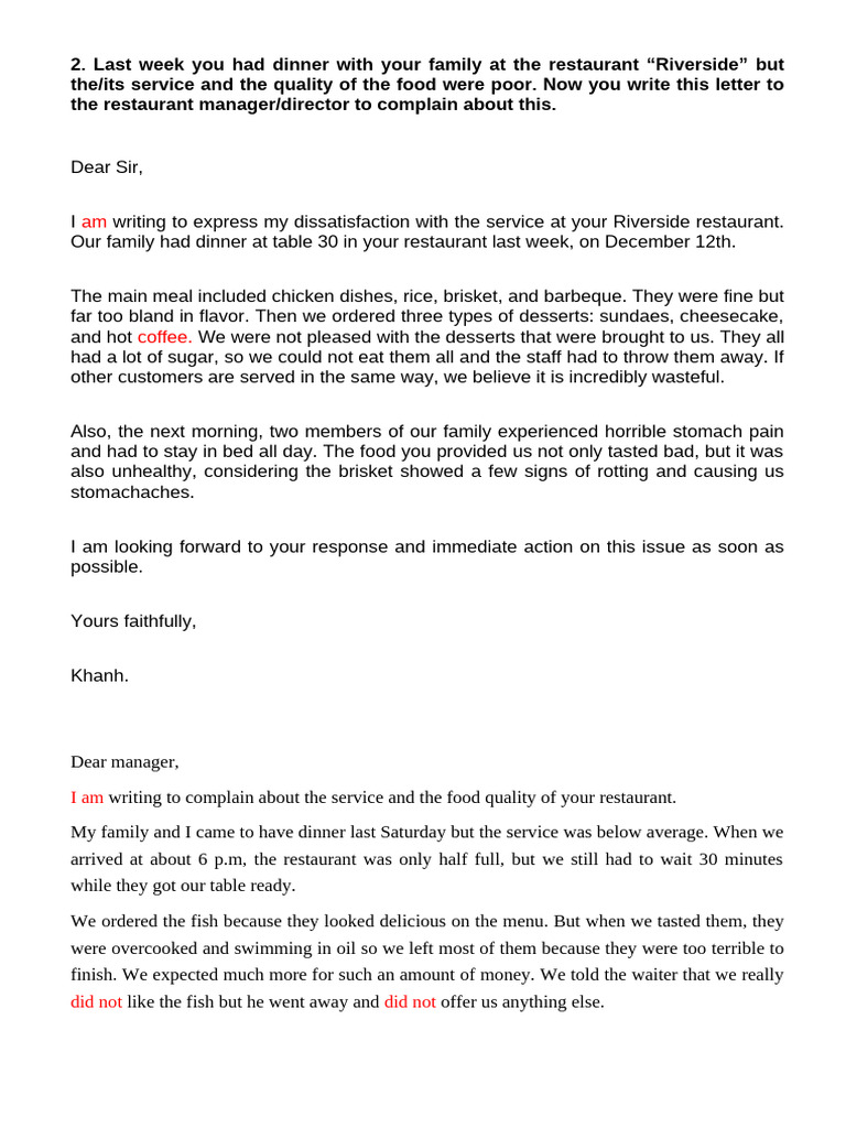 Complaint letters | PDF | Restaurants | Cuisine