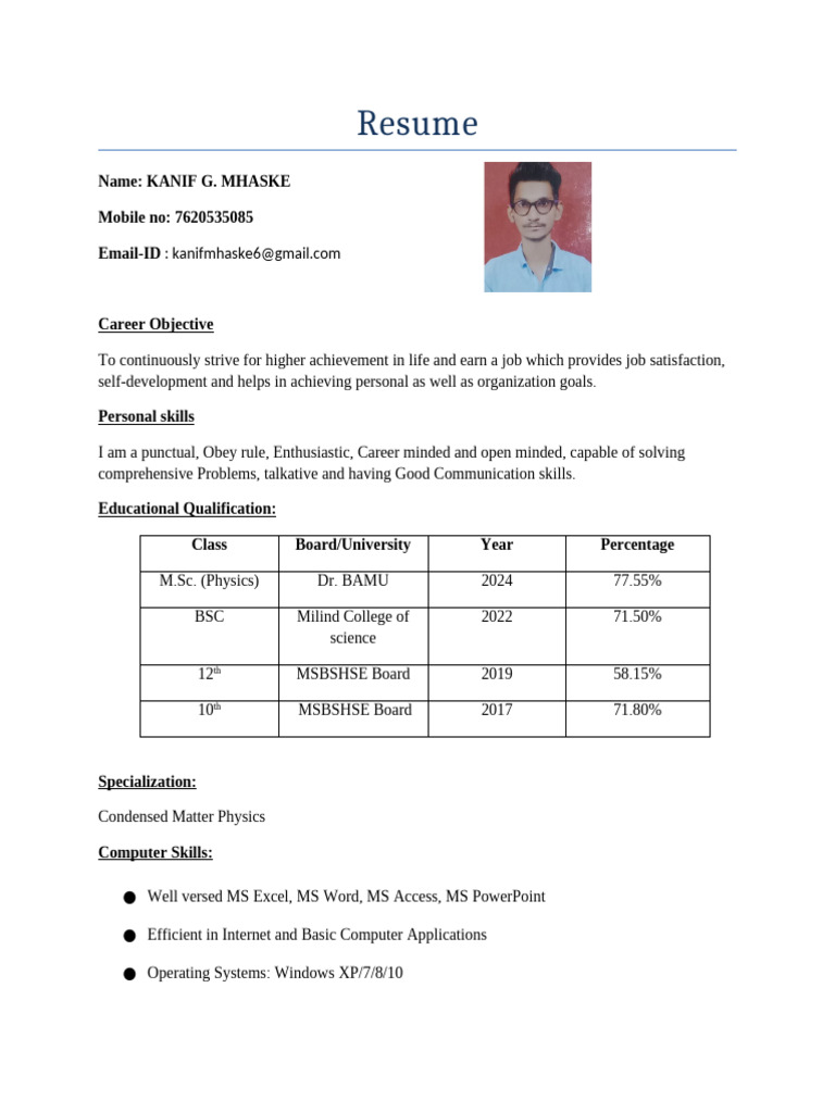 M.Sc. Physics Graduate Resume | PDF