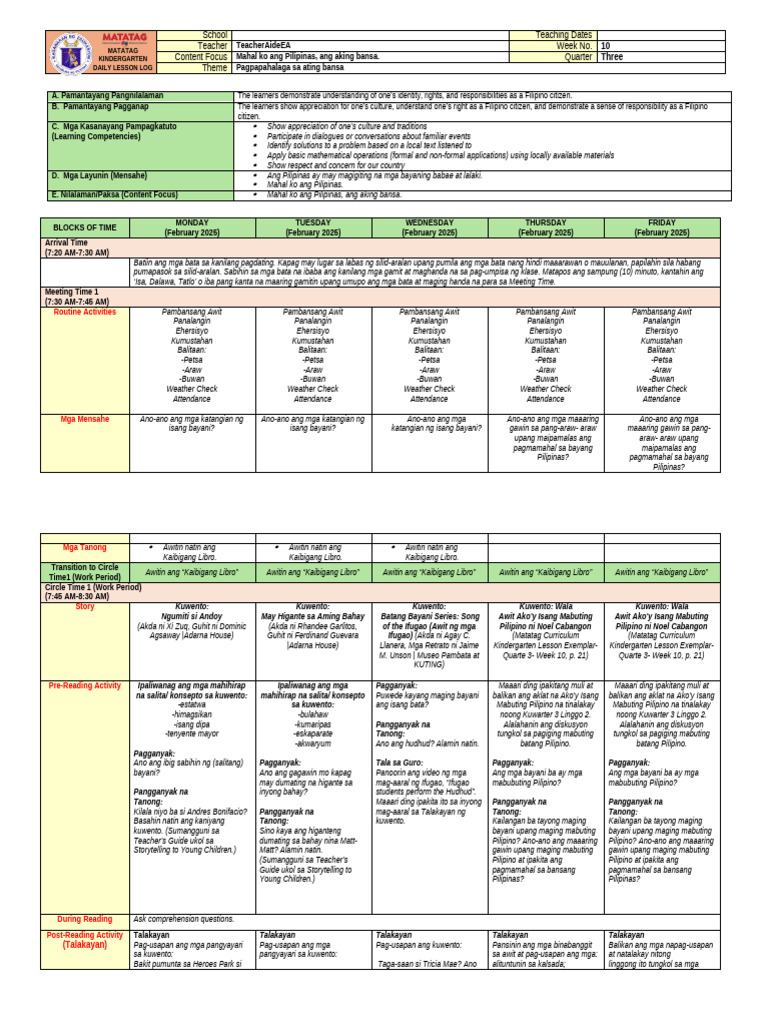 Kinder DLL - Quarter 3. Week 10.matatag Curriculum | PDF